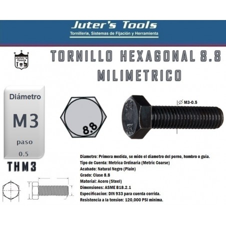 TORNILLO HEXAGONAL MILIMETRICO M3-0.5